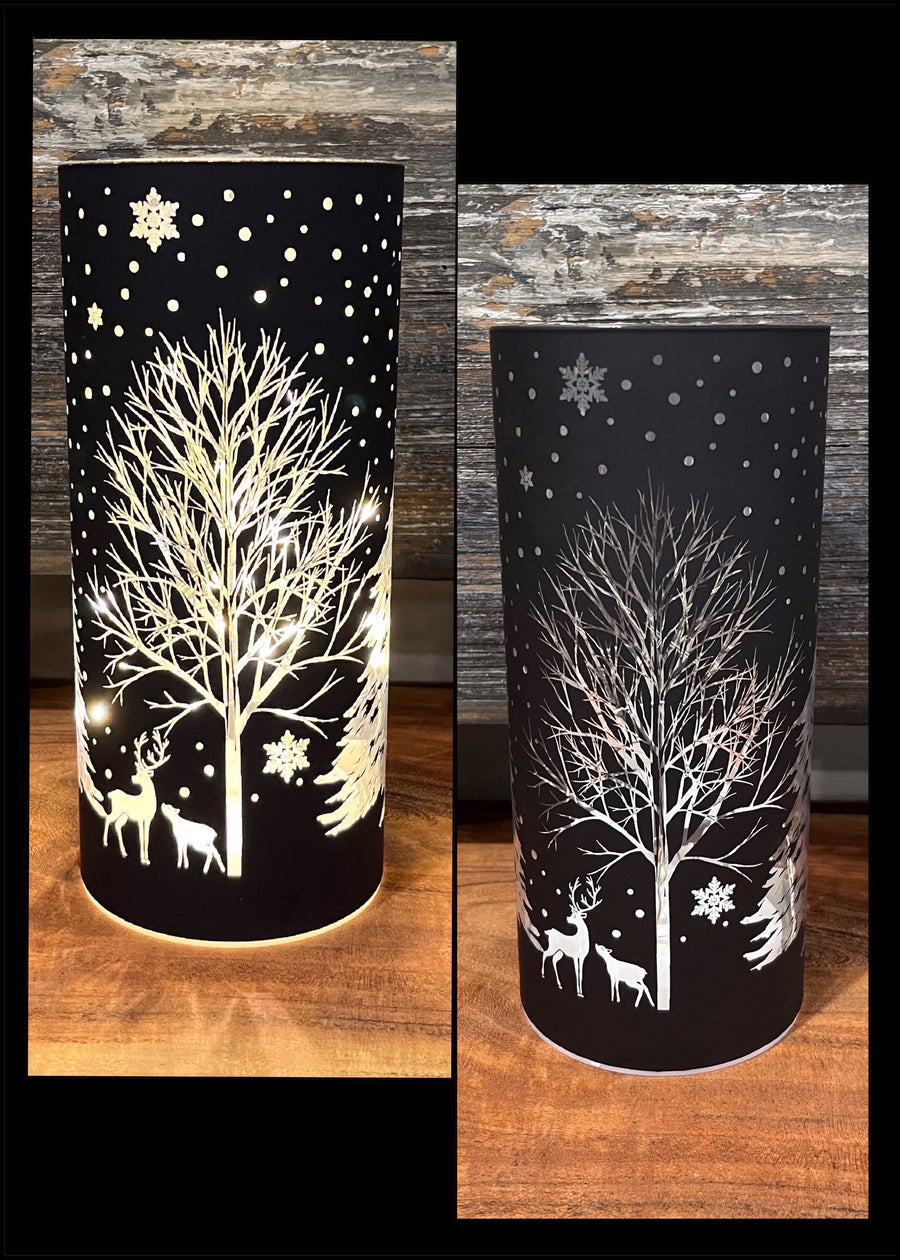 ITEM 1655BK - 3.5"X10" MATT BLACK LED TREE W/REINDEER GLASS CYLINDER W · Tri W Imports